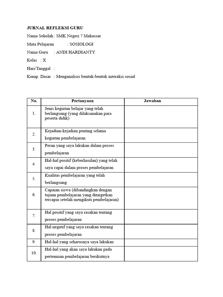 Jurnal Refleksi Guru Dan Siswa | PDF | Karier & Perkembangan