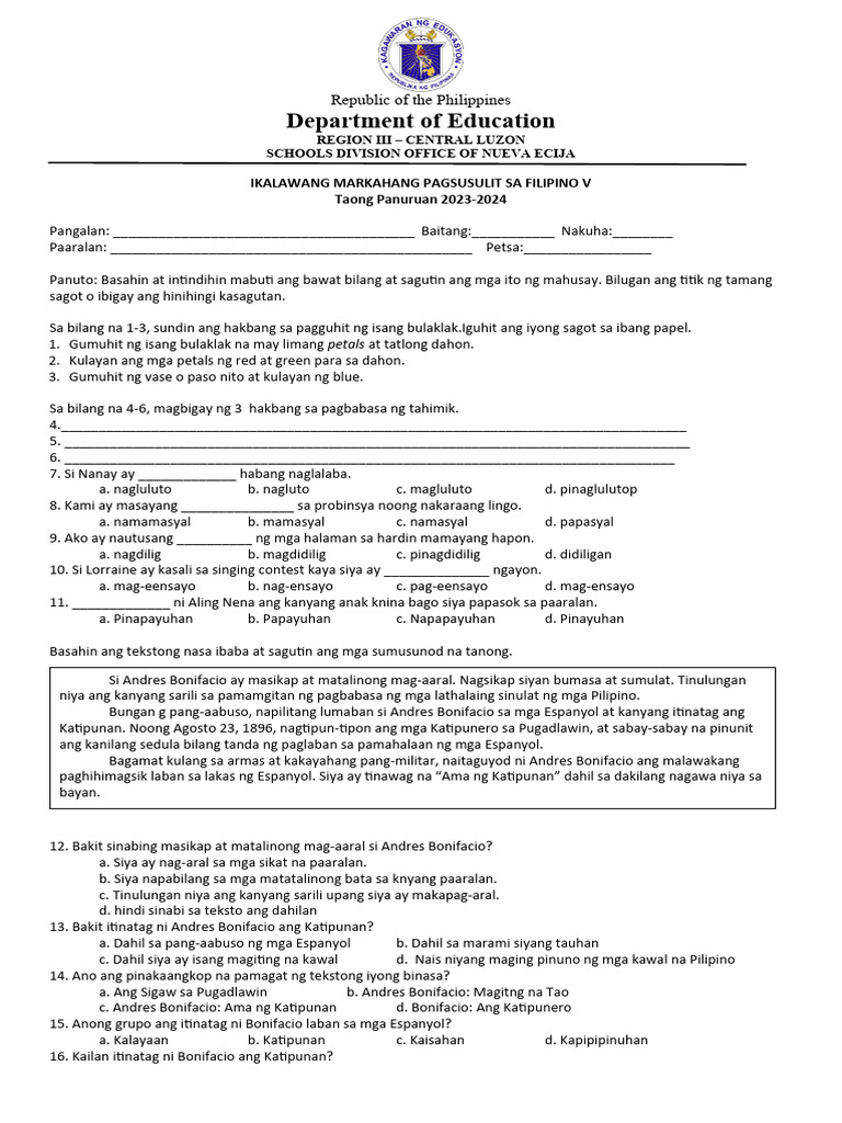 Filipino 5 Ikalawang Markahan Pagsusulit | PDF