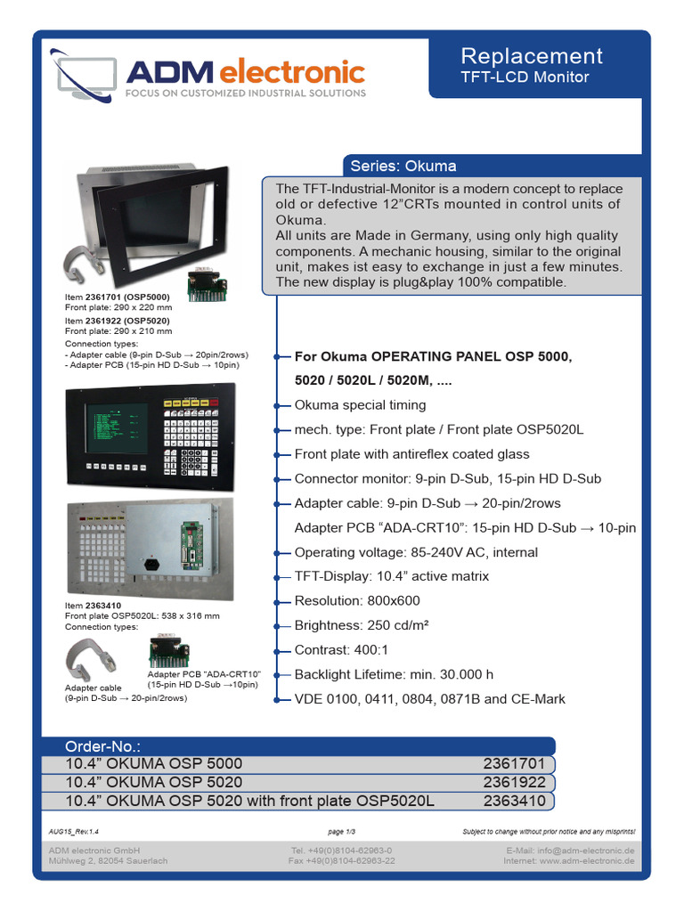 Datasheet TFT Monitor Okuma Control | PDF | Computer Monitor | Display Technology