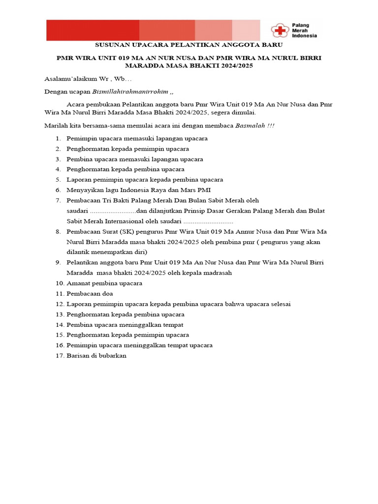 SUSUNAN ACARA PELANTIKAN PMR WIRA UNIT 019 MA AN NUR NUSA MASA BHAKTI 2022 | PDF