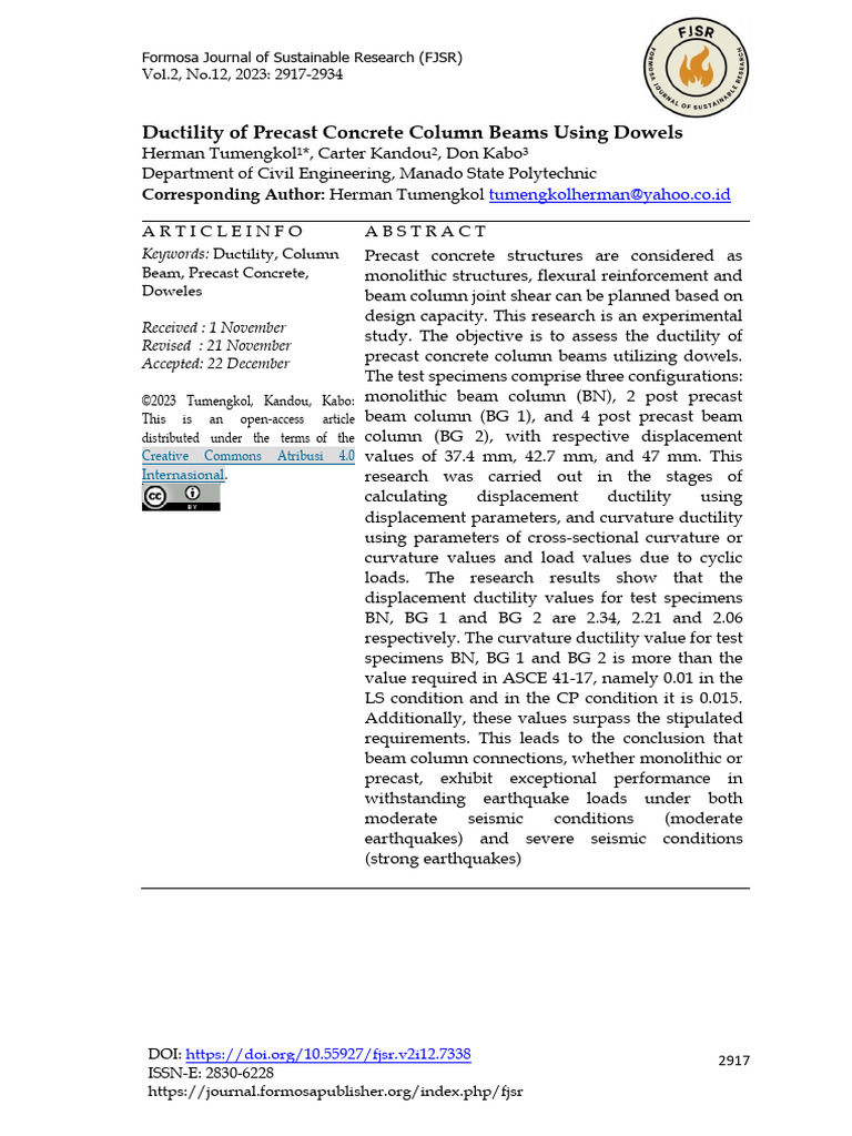 Ductility of Precast Concrete Column Beams Using Dowels: Corresponding ...