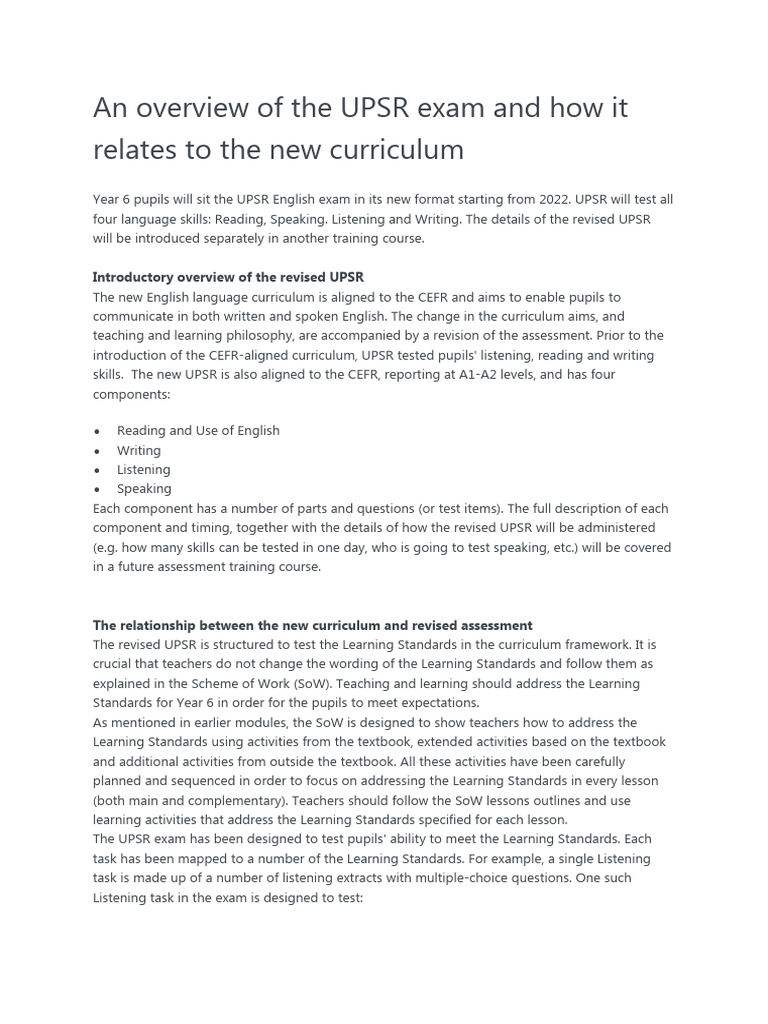 An Overview of The UPSR Exam and How It Relates To The New Curriculum ...