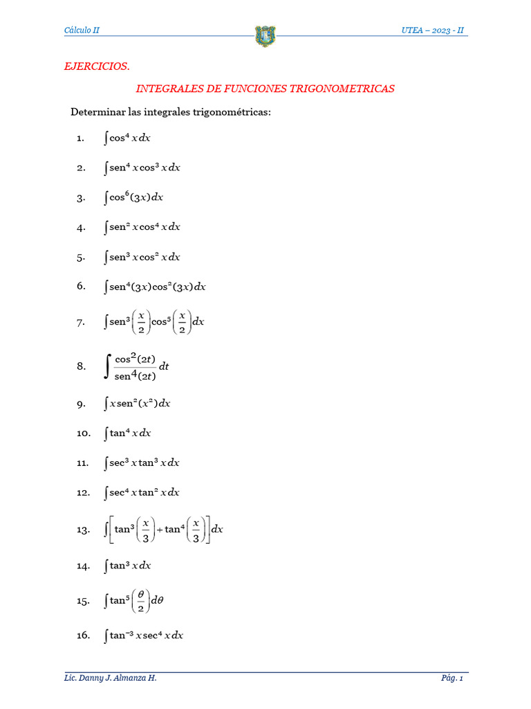 Ejercicios de Integrales Trigonométricas | PDF | Métodos y materiales ...