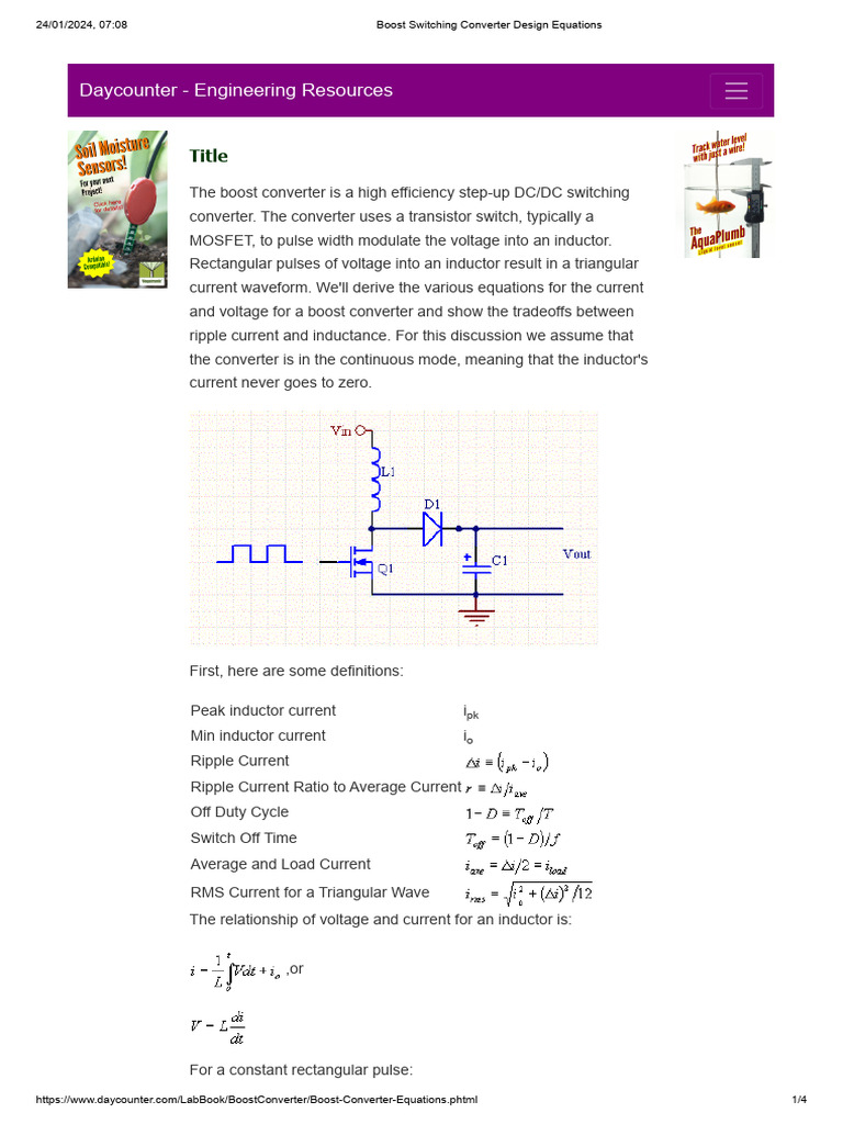 Boost Switching Converter Design Equations | PDF