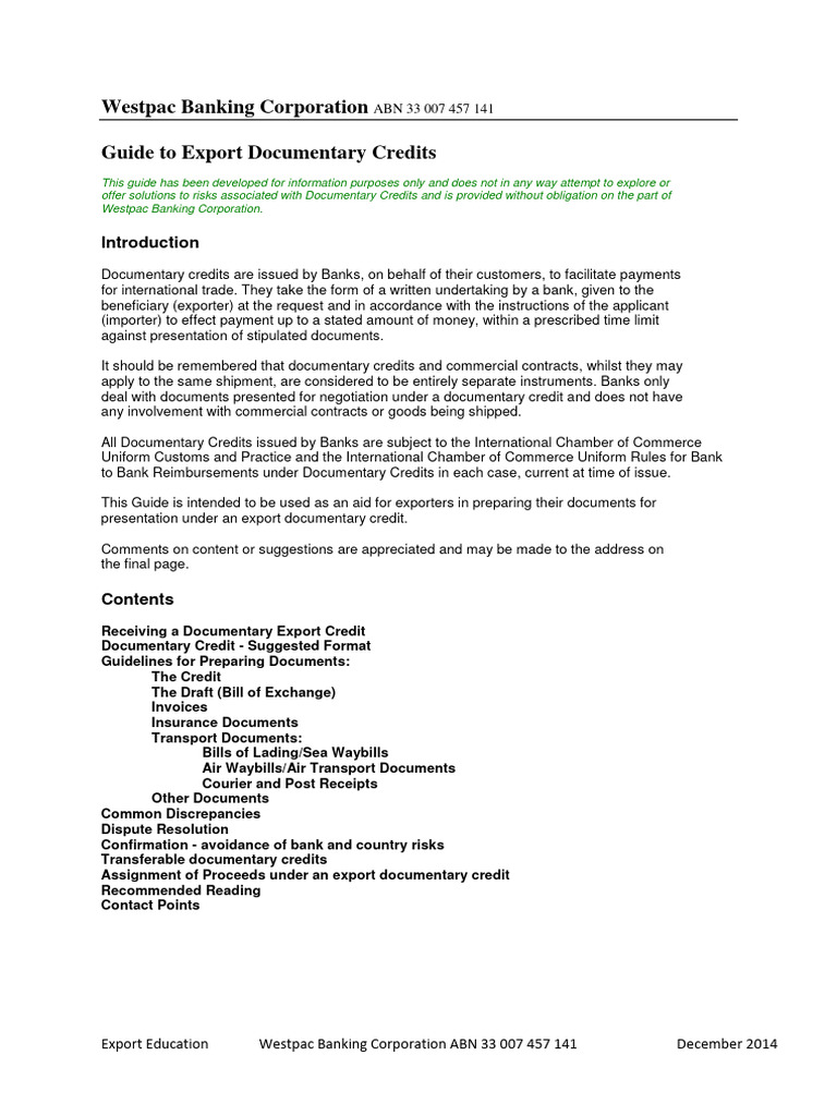 Guide Export Doc Credits | PDF | Letter Of Credit | Bill Of Lading