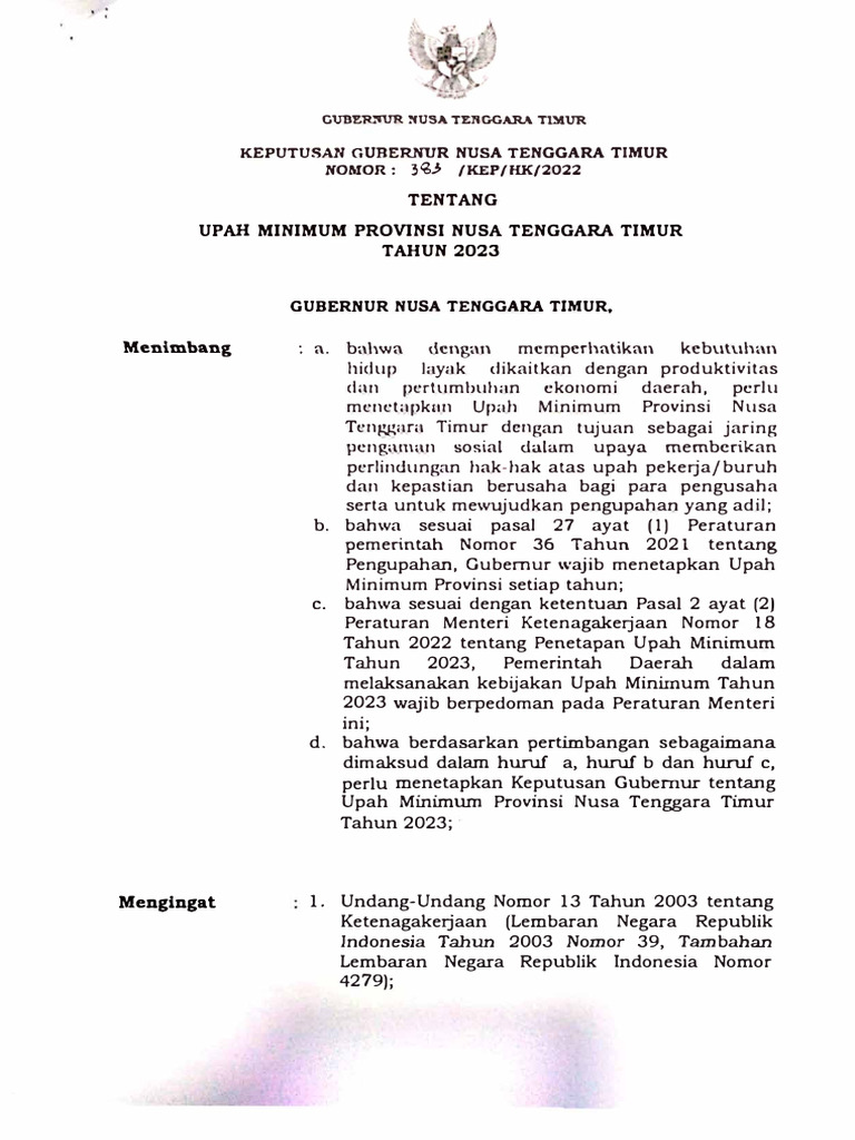 UMP NTT 2023: Rp2.173.994 Resmi | PDF