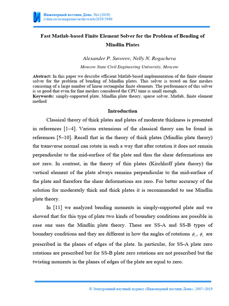 Fast Matlab Based Finite Element Solver For The Problem Of Bending Of Mindlin Plates Pdf