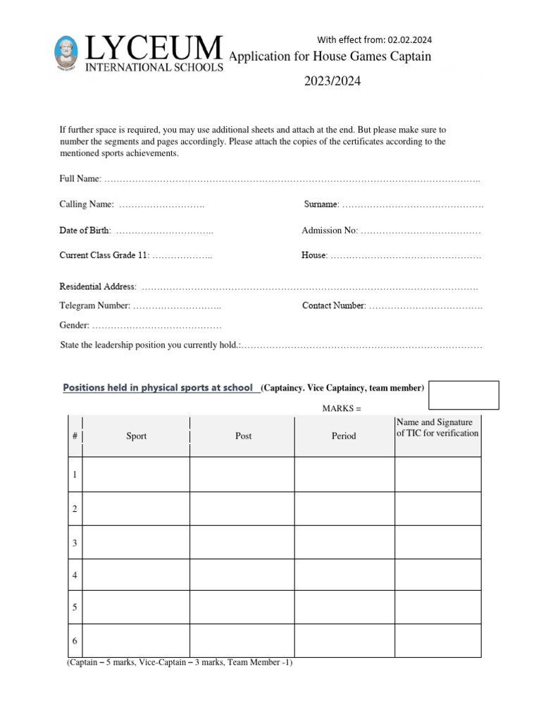 House Games Captain Application | PDF