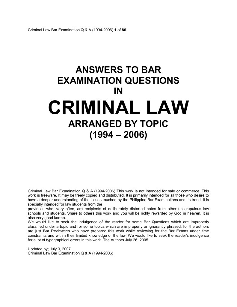 Criminal Law Bar Examination Q | PDF | Murder | Crime & Violence