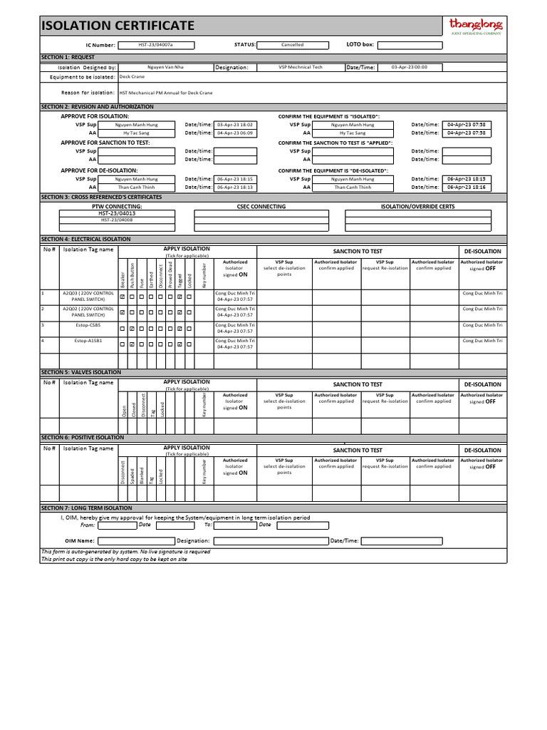 Isolation Certificate: Designation: Date/Time | PDF