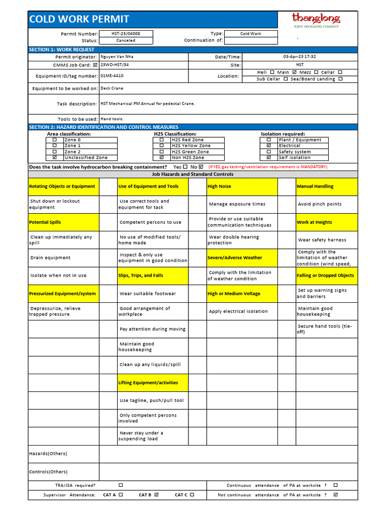 Cold Work Permit | PDF