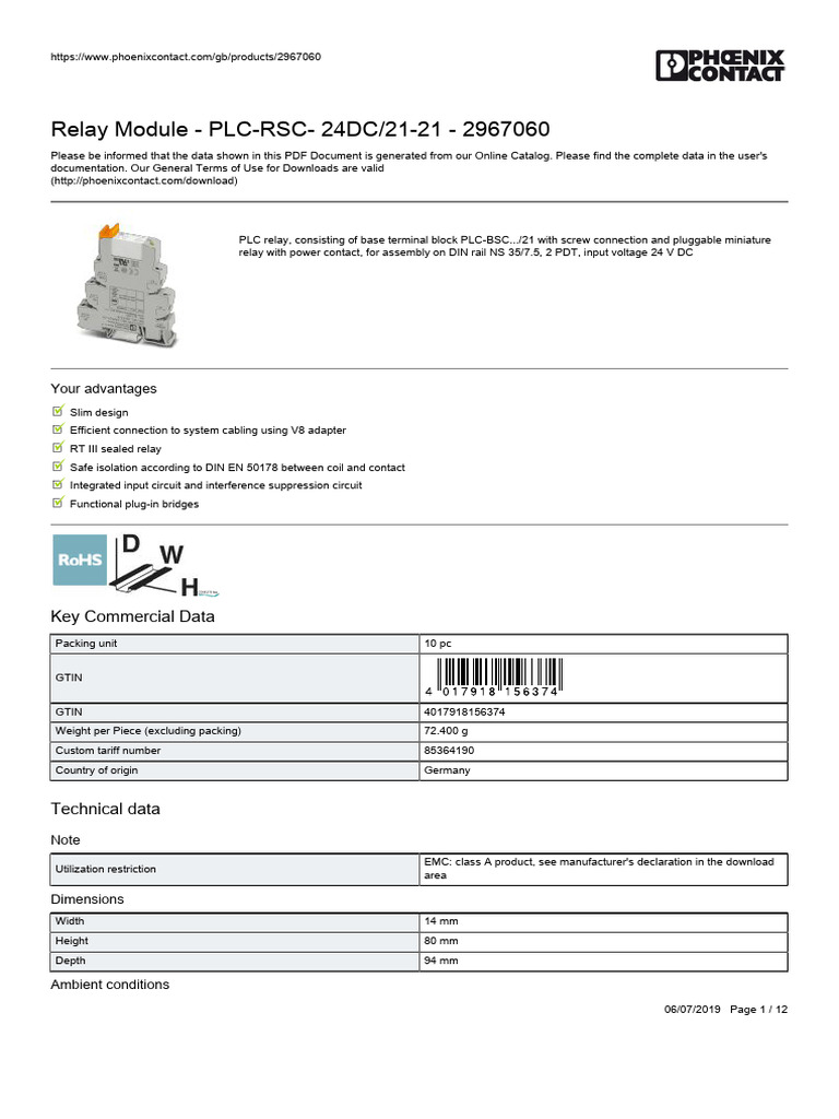 Relay Module - PLC-RSC-24DC/21-21 - 2967060: Key Commercial Data | PDF
