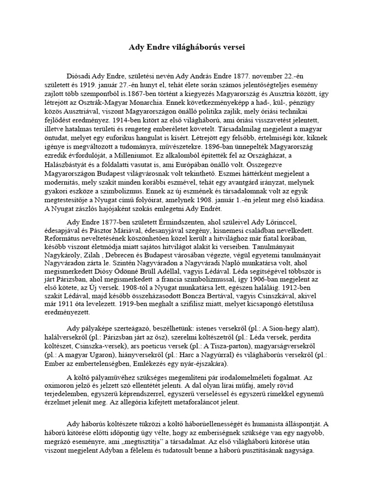 Ady Endre Tétel-Háborús Versek | PDF