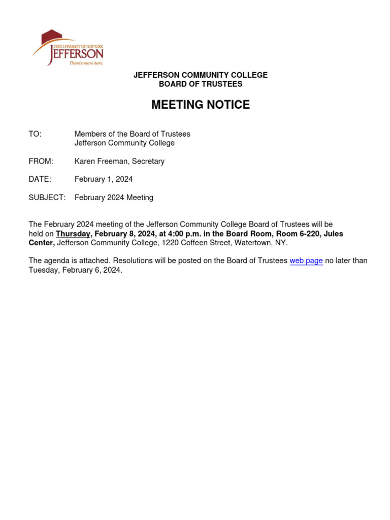 Jefferson Community College February 2024 Public Meeting Notice and ...