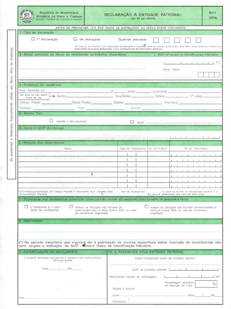 2019-01!04!09!46!56Modelo M11 - Declaração à Entidade Patronal | PDF