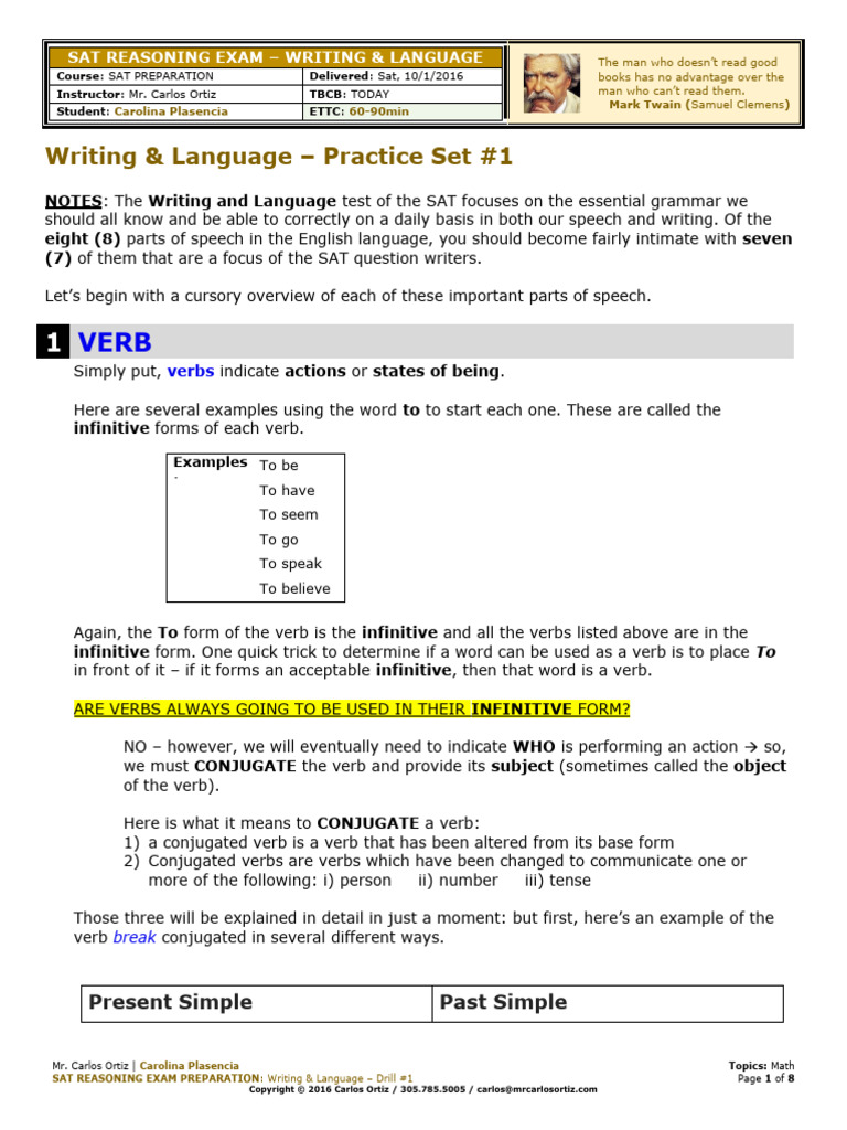 SAT WRITING & LANGUAGE - Drill 1 - CAROLINA PLASENCIA | PDF ...