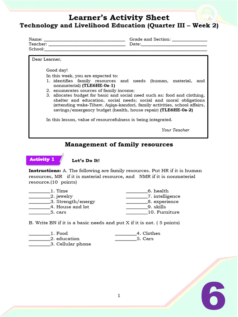 Learner's Activity Sheet: Technology and Livelihood Education (Quarter III - Week 2) | PDF ...