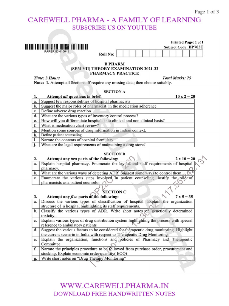 Pharmacy Practice, 7th Sem, AKTU Previous Year Question Paper, Carewell ...