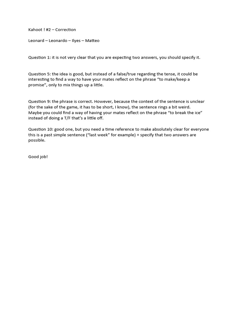 Kahoot! #2 Correction | PDF