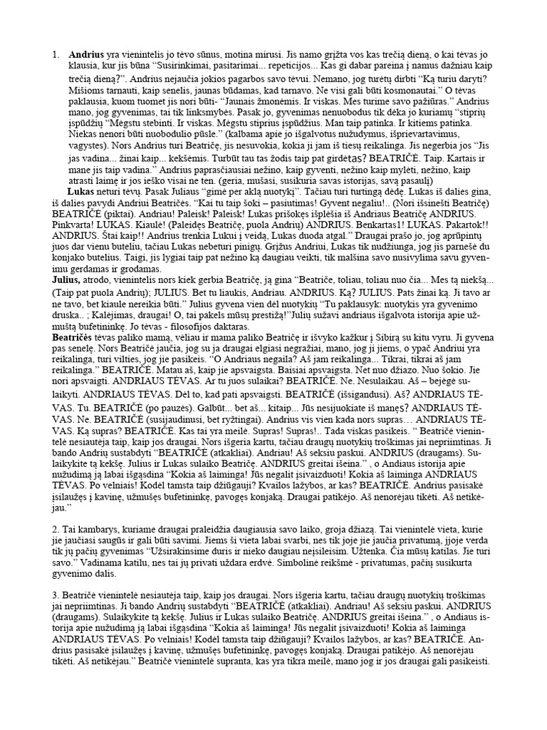 "Meilė Džiazas Ir Velnias" Veikėjų Analizė (Andrius, Lukas, Beatričė) | PDF