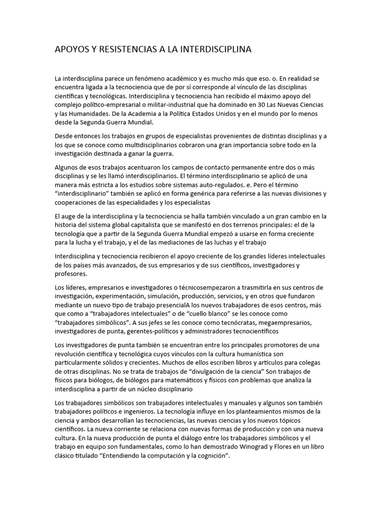 APOYOS Y RESISTENCIAS A LA INTERDISCIPLINA CC - Ss | PDF | Science ...