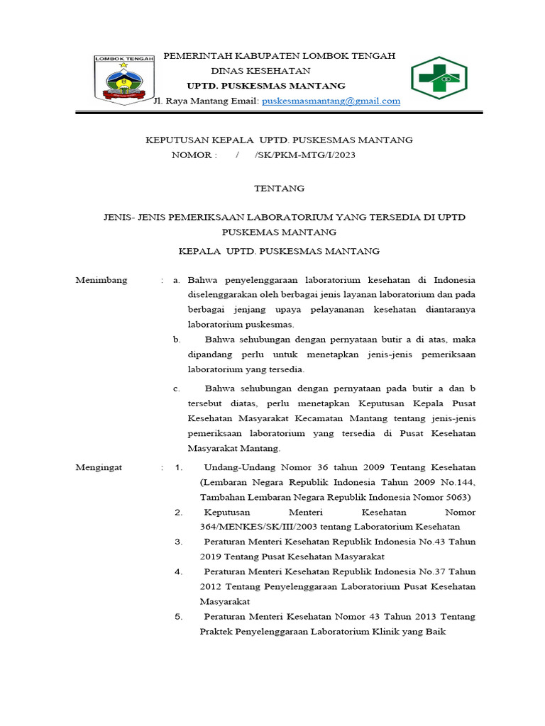 SK Tentang Jenis-Jenis Pemeriksaan Lab Yang Tersedia | PDF