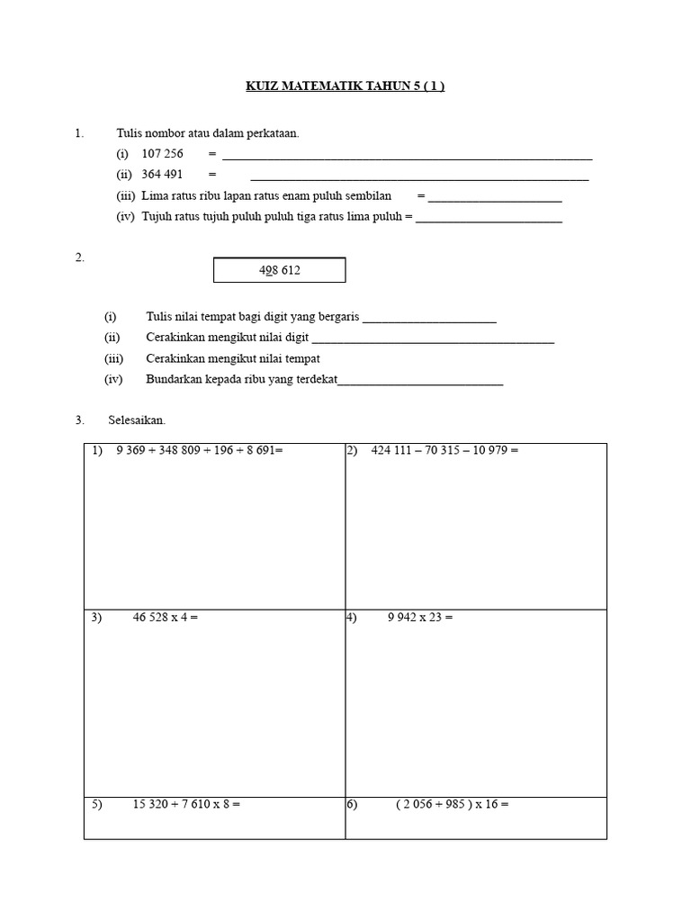Kuiz Matematik Tahun 5 | PDF | Metode & Bahan Ajar