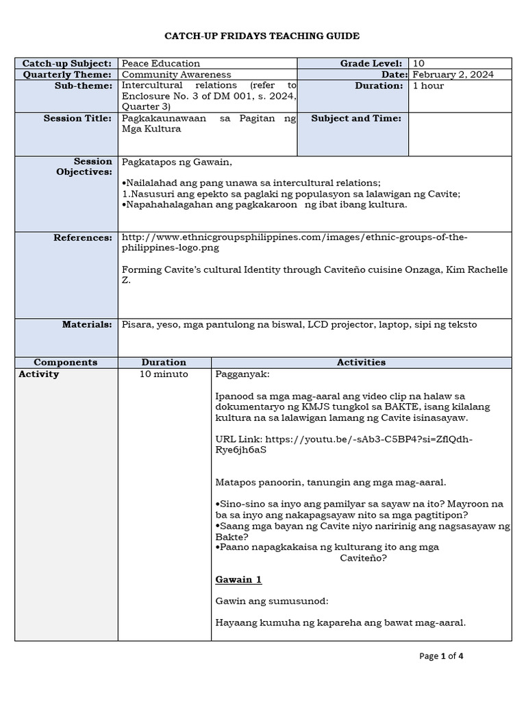 Version 2 Grade 10 Catch Up Fridays Peace Education Feb 2 | PDF