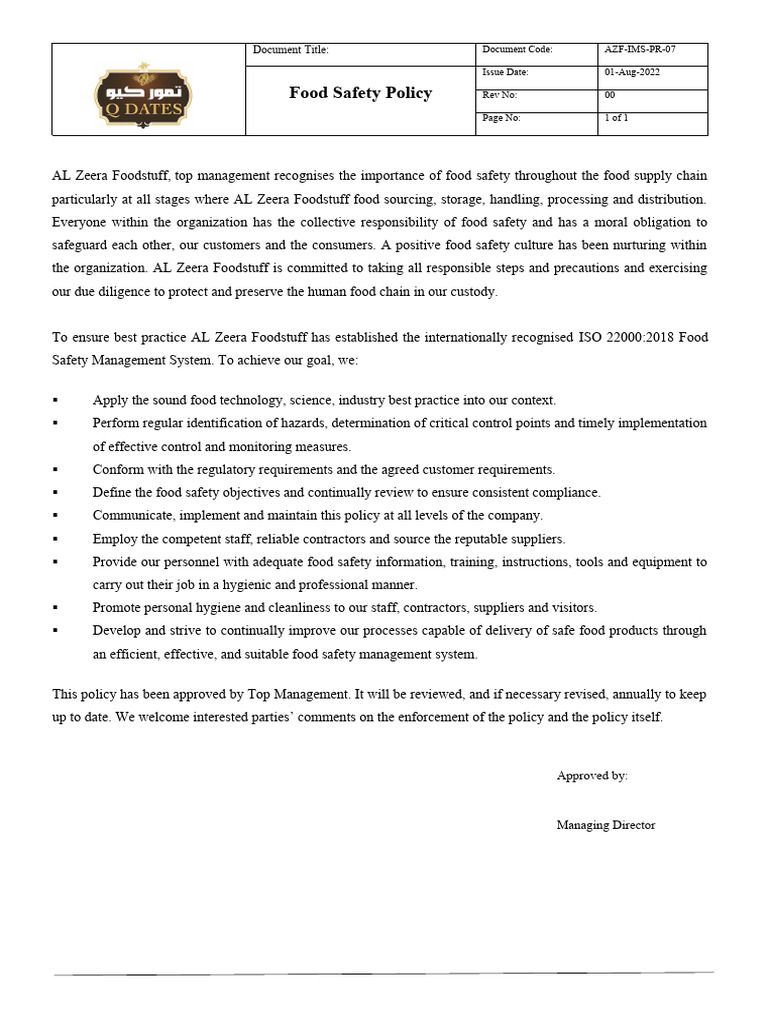 FR-07 Food Safety Policy | PDF | Food Safety | Supply Chain
