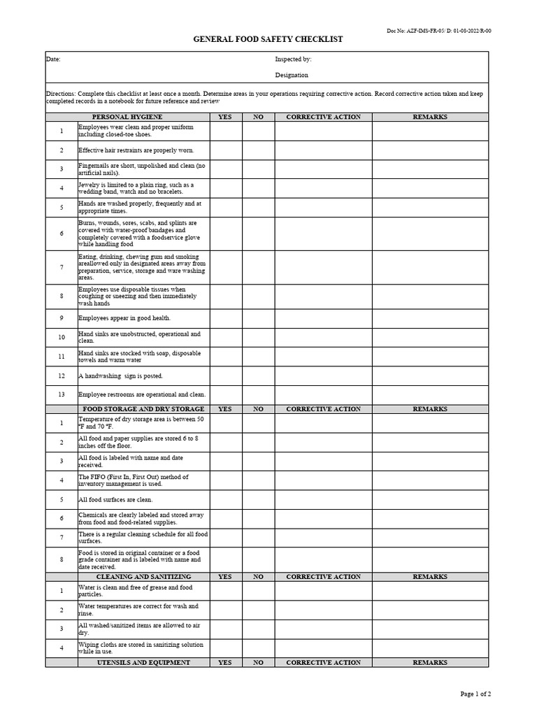 FR-05 General Food Safety Checklist | PDF