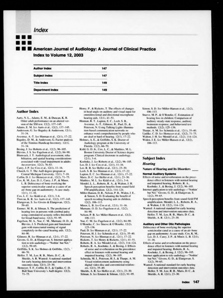 American Journal of Audiology Index 2003 | PDF | Hearing Loss | Hearing