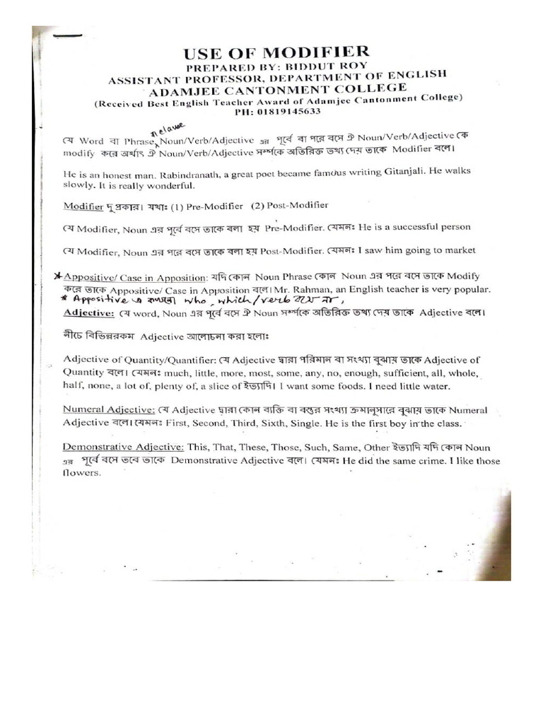 Modifiers (Note and Practice Sheet For HSC) | PDF | Verb | Adjective