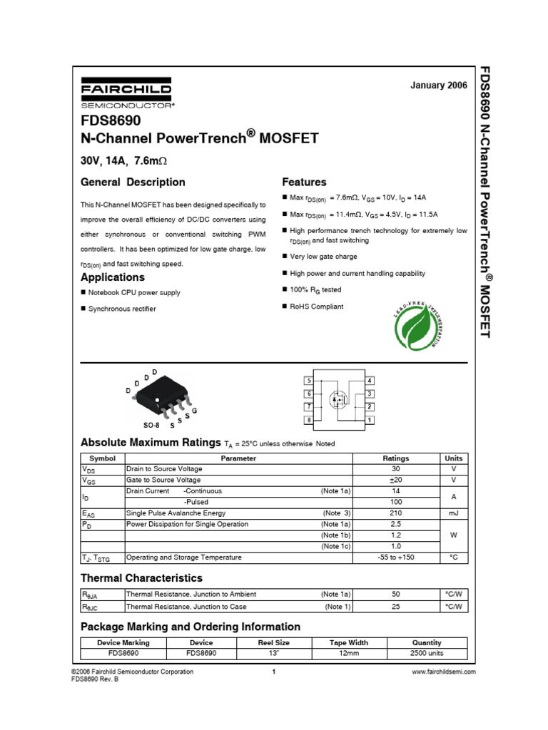 Fds 8690 | PDF | Field Effect Transistor | Mosfet