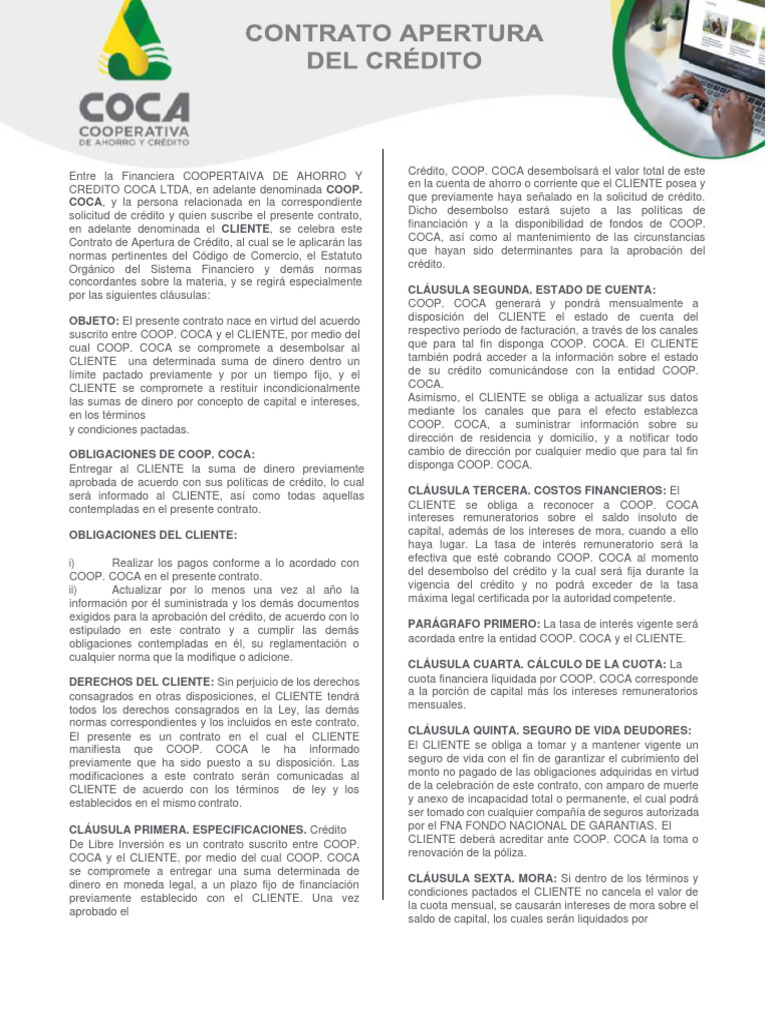 Contrato de Apertura de Crédito - Coca-1 | PDF | Crédito | Finanzas y administración del dinero