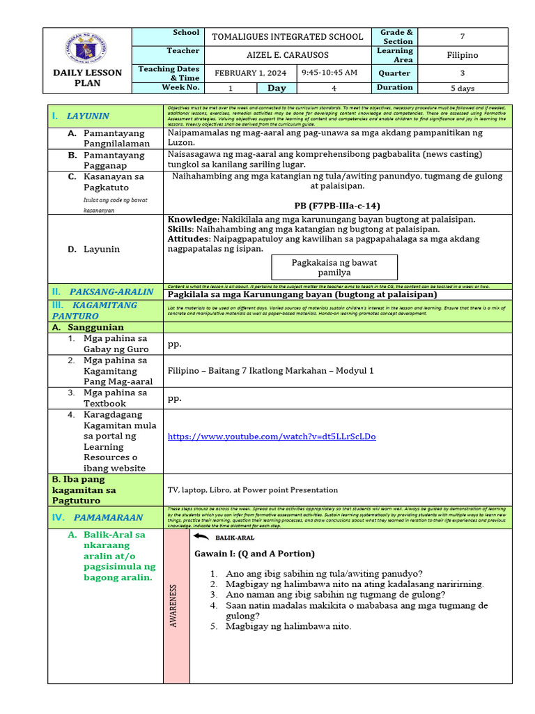 FILIPINO 7 - Bugtong at Palaisipan | PDF