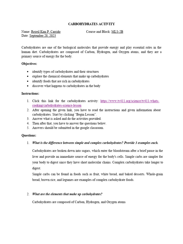 Carbohydrates Activity | PDF | Carbohydrates | Fructose