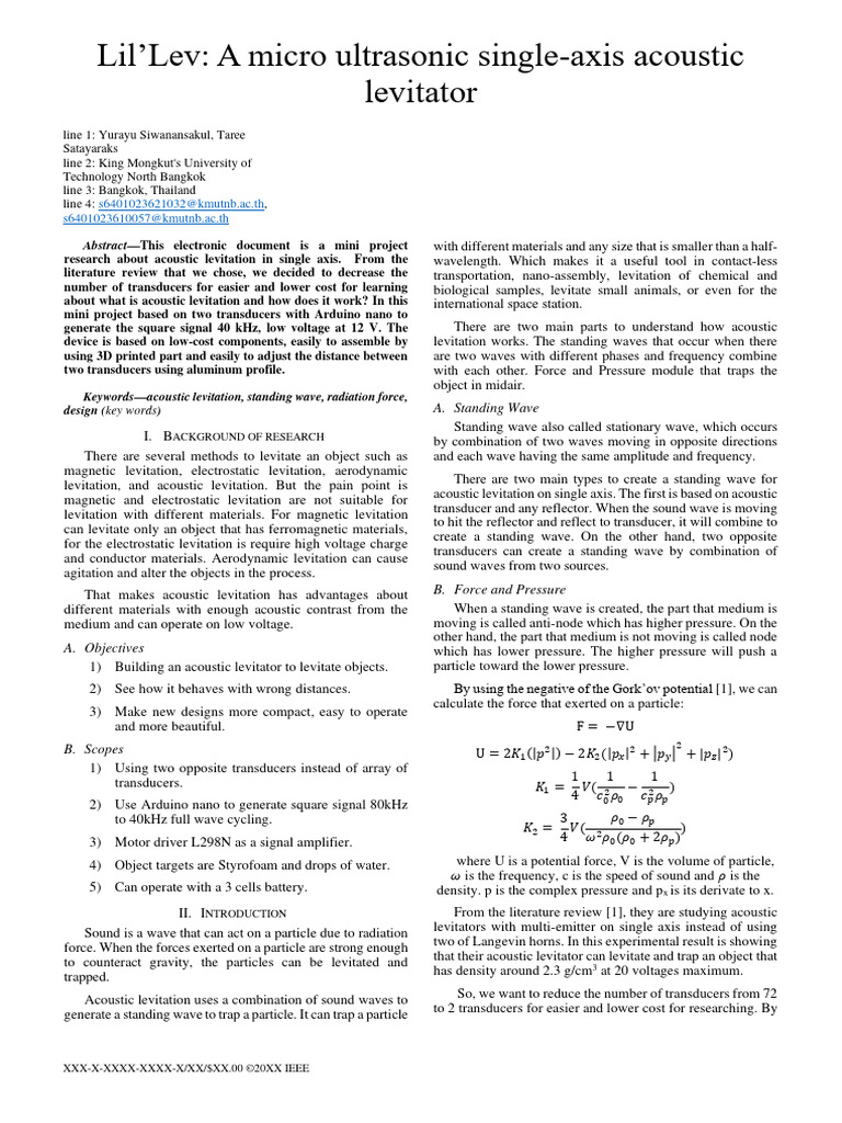 Report Lillev A Micro Ultrasonic Single Axis Acoustic Levitation Pdf
