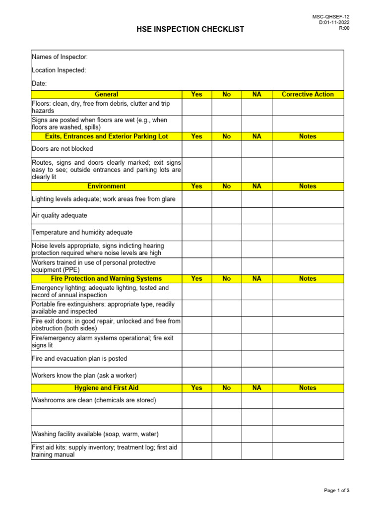 Msc-Qhsef-12 Hse Inspection Checklist | PDF | Technology & Engineering