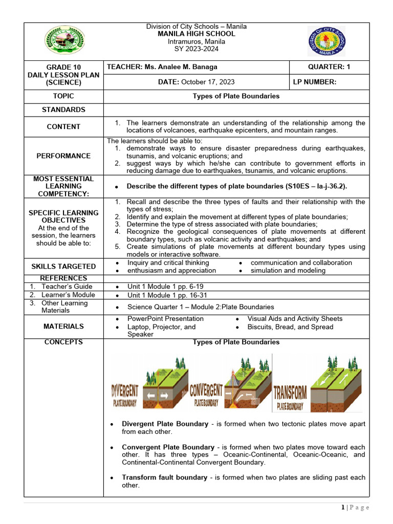 Grade 10 Science: Plate Boundaries Lesson Plan | PDF | Fault (Geology) | Stress (Mechanics)