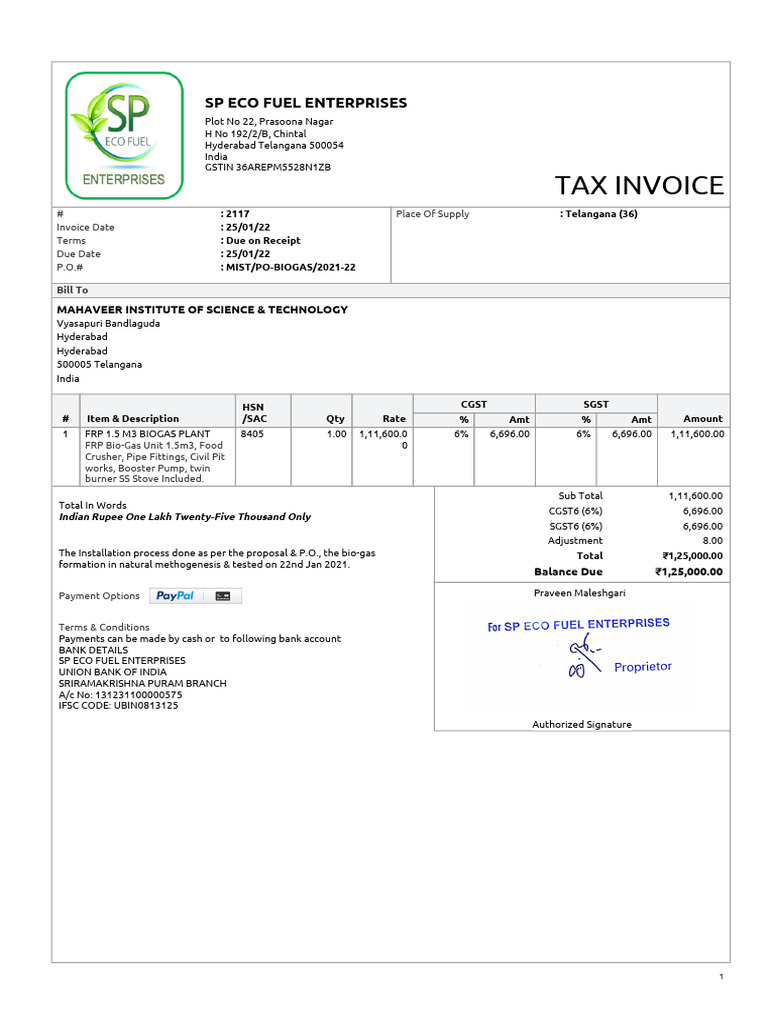 4. Biogas plant Invoice bill | PDF | Biogas | Invoice