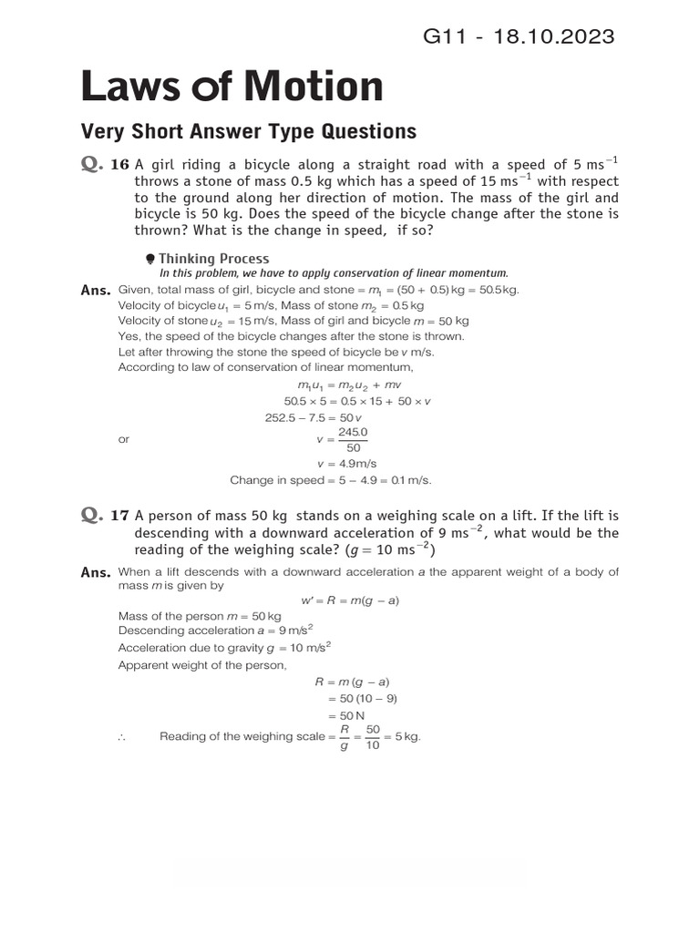 Grade 11 - Test 18 - Physics - Laws OfMotion - Very Short Answer Type ...