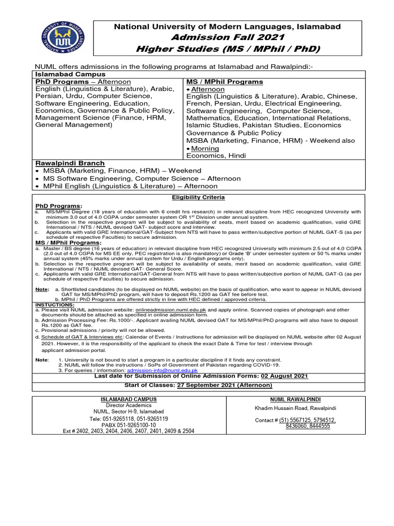 MS MPhil and phd advertise for NUML uni | PDF MS MPhil and phd advertise for NUML uni | PDF