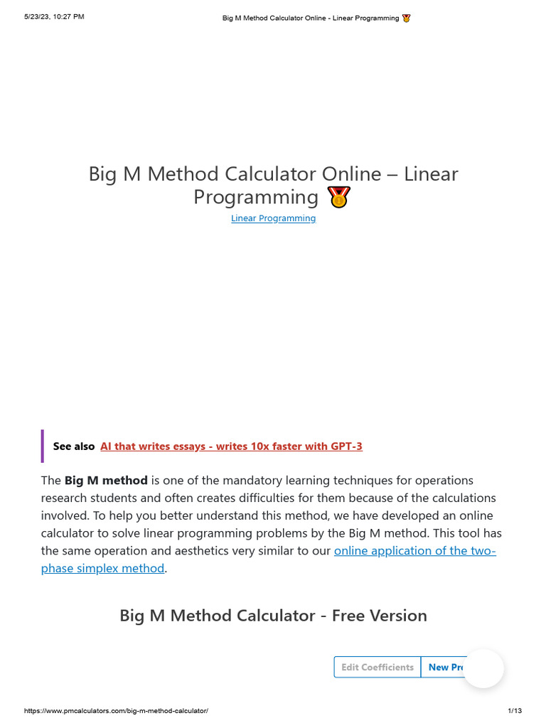 Big M Method Calculator Online - Linear Programming ? | PDF | Linear Programming | Mathematical ...