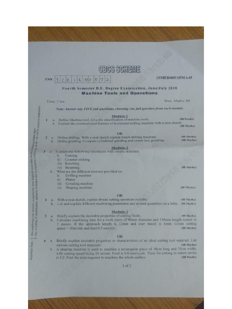 VTU Exam Question Paper of 15ME45B Machine Tools and Oparations Jun ...