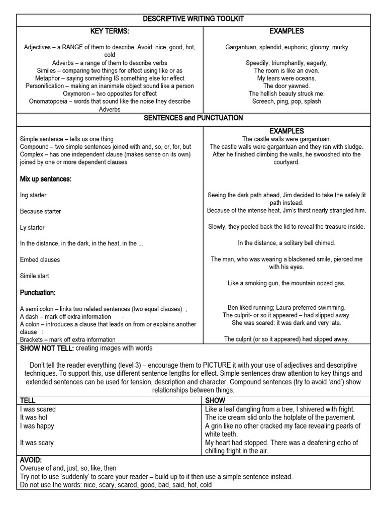 Descriptive Writing Techniques Toolkit | PDF