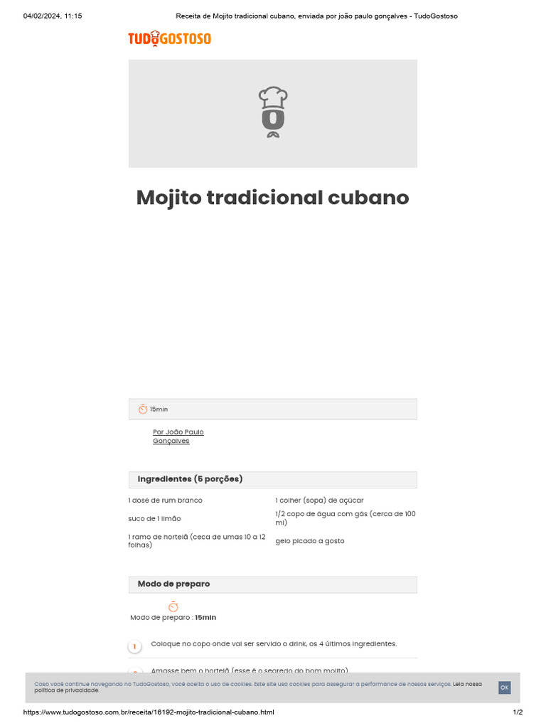 Receita de Mojito Tradicional Cubano | PDF | Bebida | Comidas e bebidas