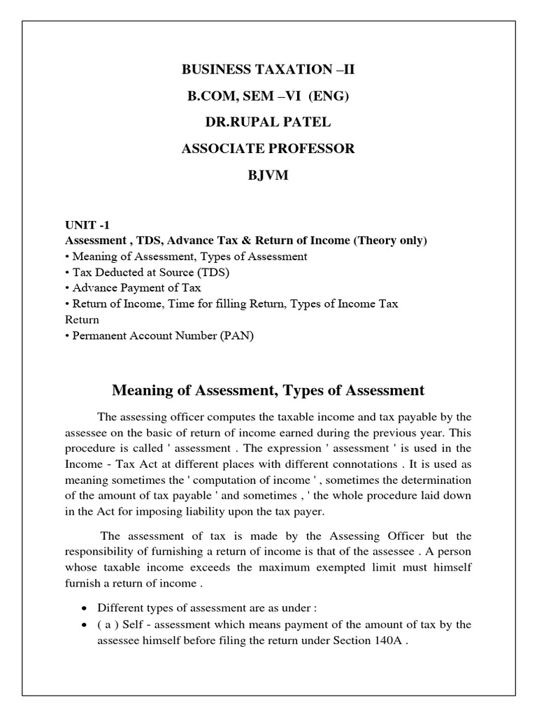 Bcom-6 Bus. Tax. II Unit 1 | PDF | Taxes | Income Tax