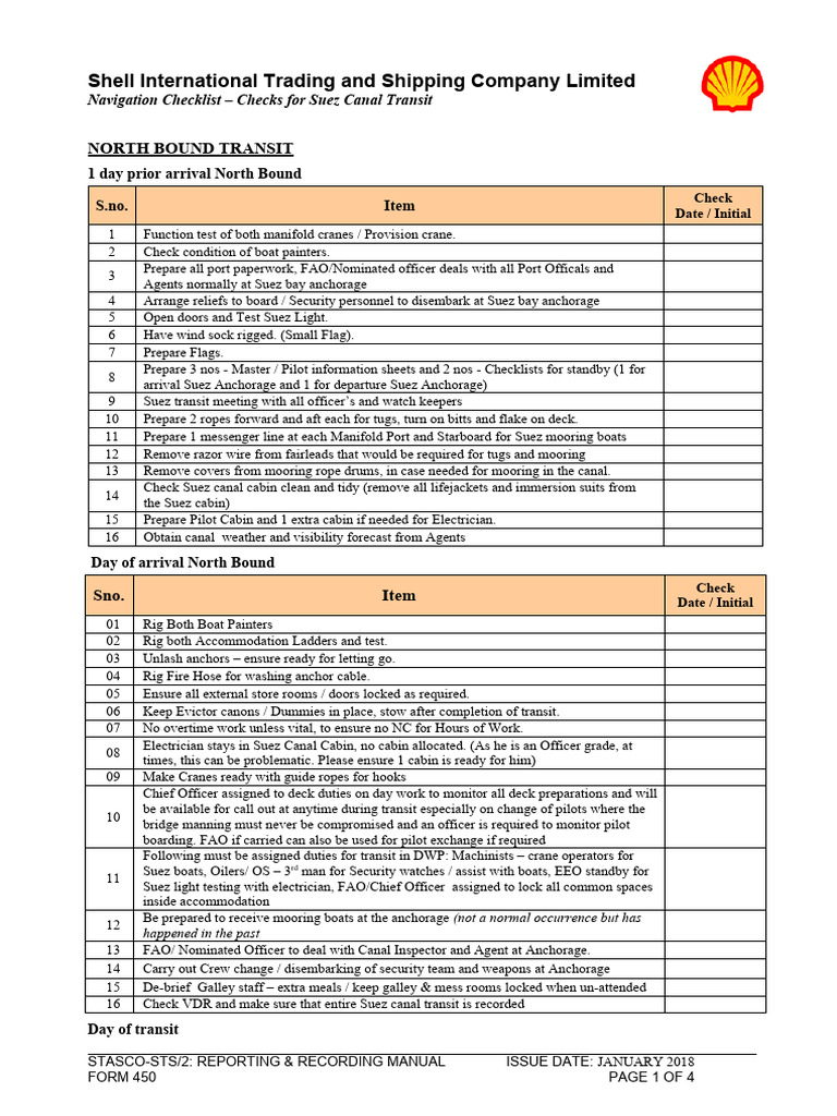 Suez Canal Transit Navigation Checklist | PDF | Anchor | Suez Canal