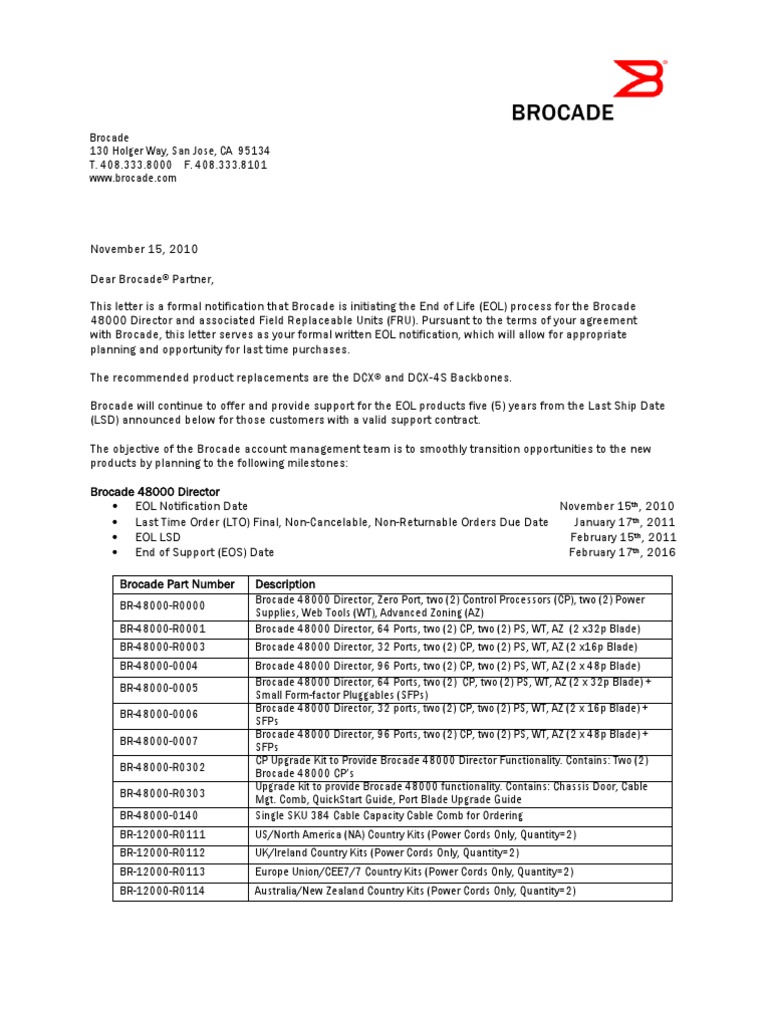 Brocade 48000 Director EOL Notice | PDF | Computer Hardware | Computing