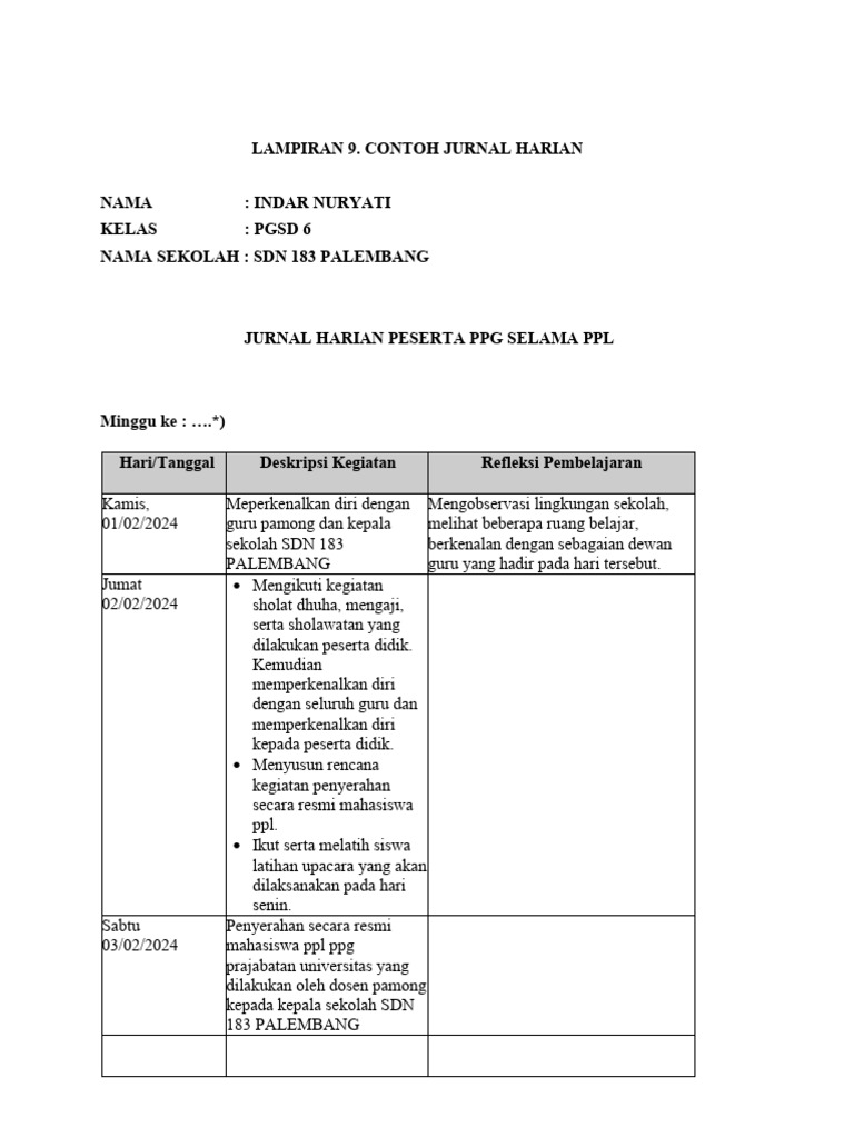PPL - Lampiran 9. Contoh Jurnal Harian-Ok | PDF